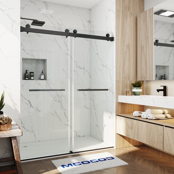 MCOCOD 72" W x 76" H x 2/5" THK Tempered Glass Double Smooth Sliding Frameless Shower Door with ...